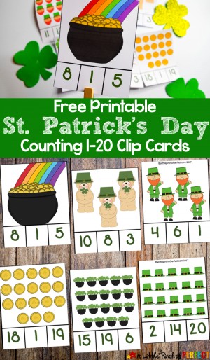 Free Printable St. Patrick's Day Clip Cards: Counting 1-20